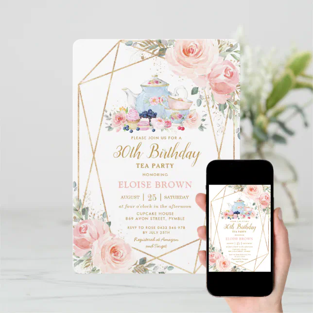 Chic Blush Pink Floral High Tea Birthday Party Invitation | Zazzle