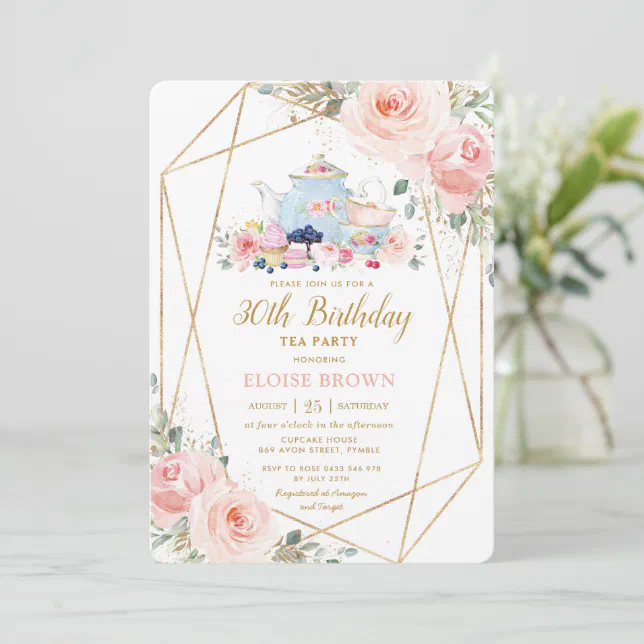 Chic Blush Pink Floral High Tea Birthday Party Invitation | Zazzle