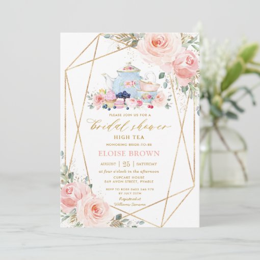 Chic Blush Pink Floral High Tea Bridal Shower Invitation | Zazzle