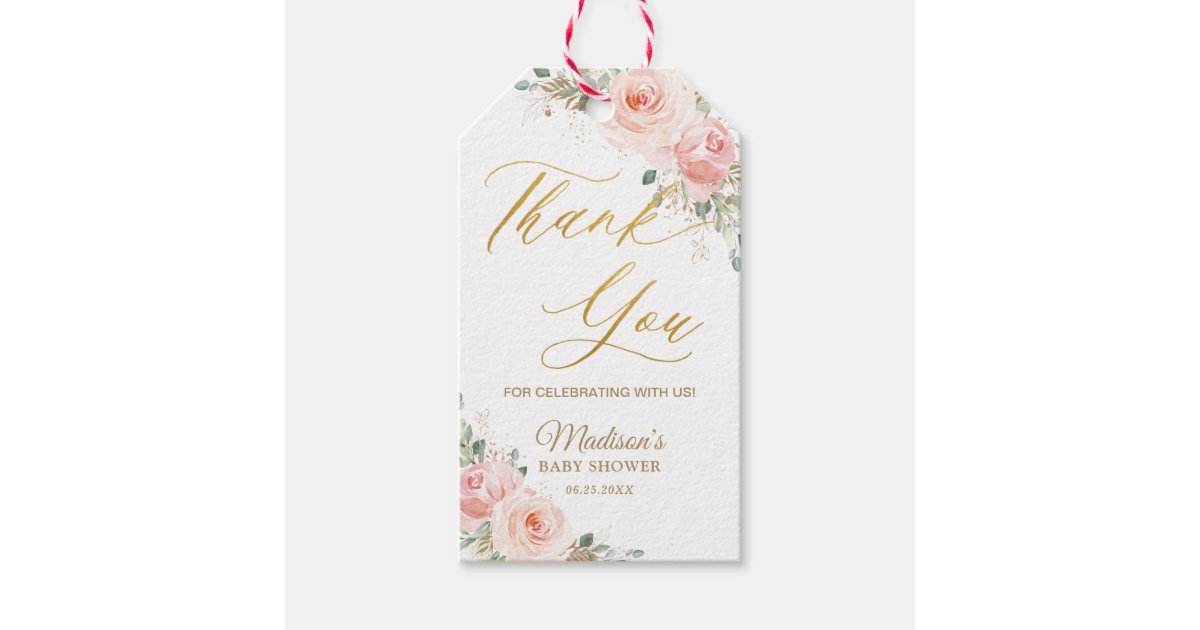 Chic Blush Pink Floral Roses Gold Thank You Favor Gift Tags | Zazzle