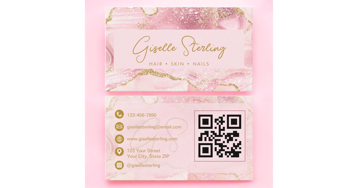 Chic Blush Pink Gold Agate Marble QR Code Luxe Business Card | Zazzle