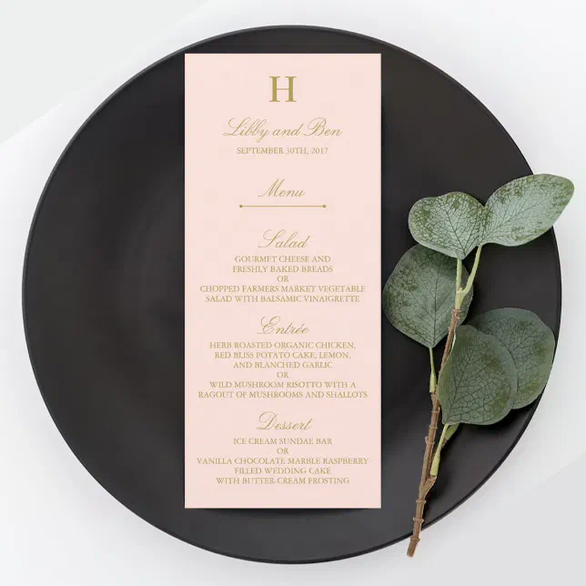 Chic Blush Pink & Gold Wedding Menu Template | Zazzle