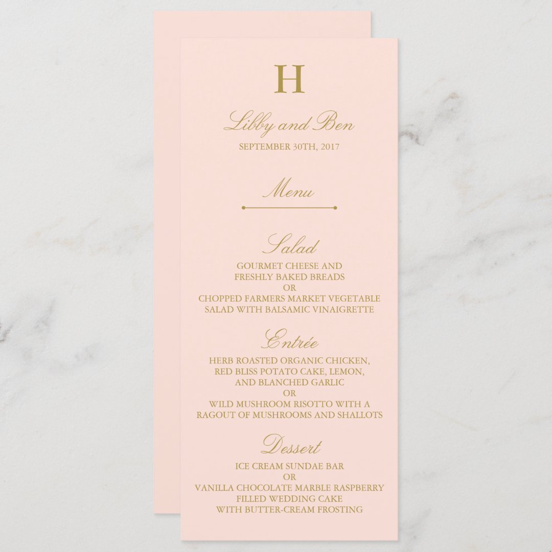 Chic Blush Pink & Gold Wedding Menu Template | Zazzle