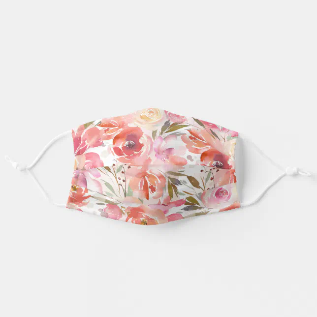 Chic Blush Pink Watercolor Floral Rose Pattern Adult Cloth Face Mask ...
