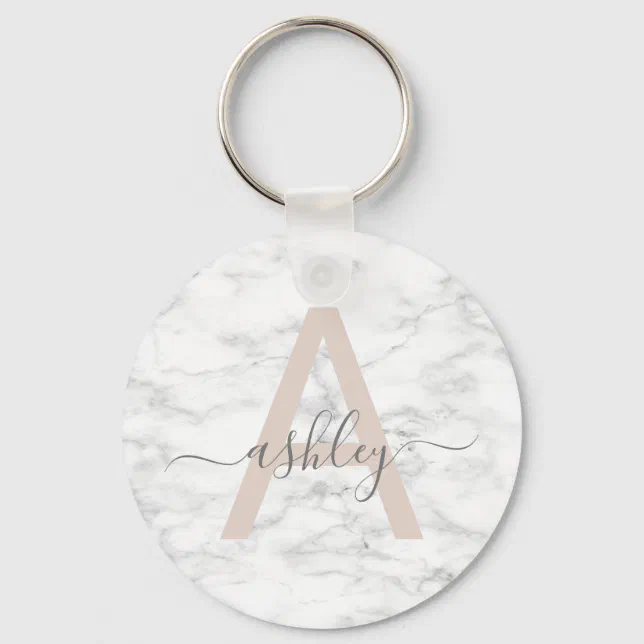 Chic Blush Pink White Marble Script Name Monogram Keychain | Zazzle