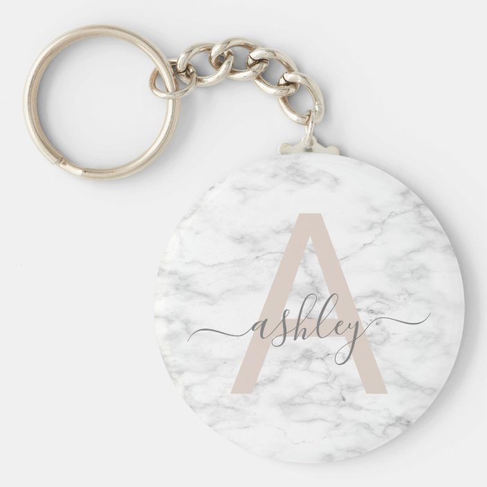 Chic Blush Pink White Marble Script Name Monogram Keychain | Zazzle.com
