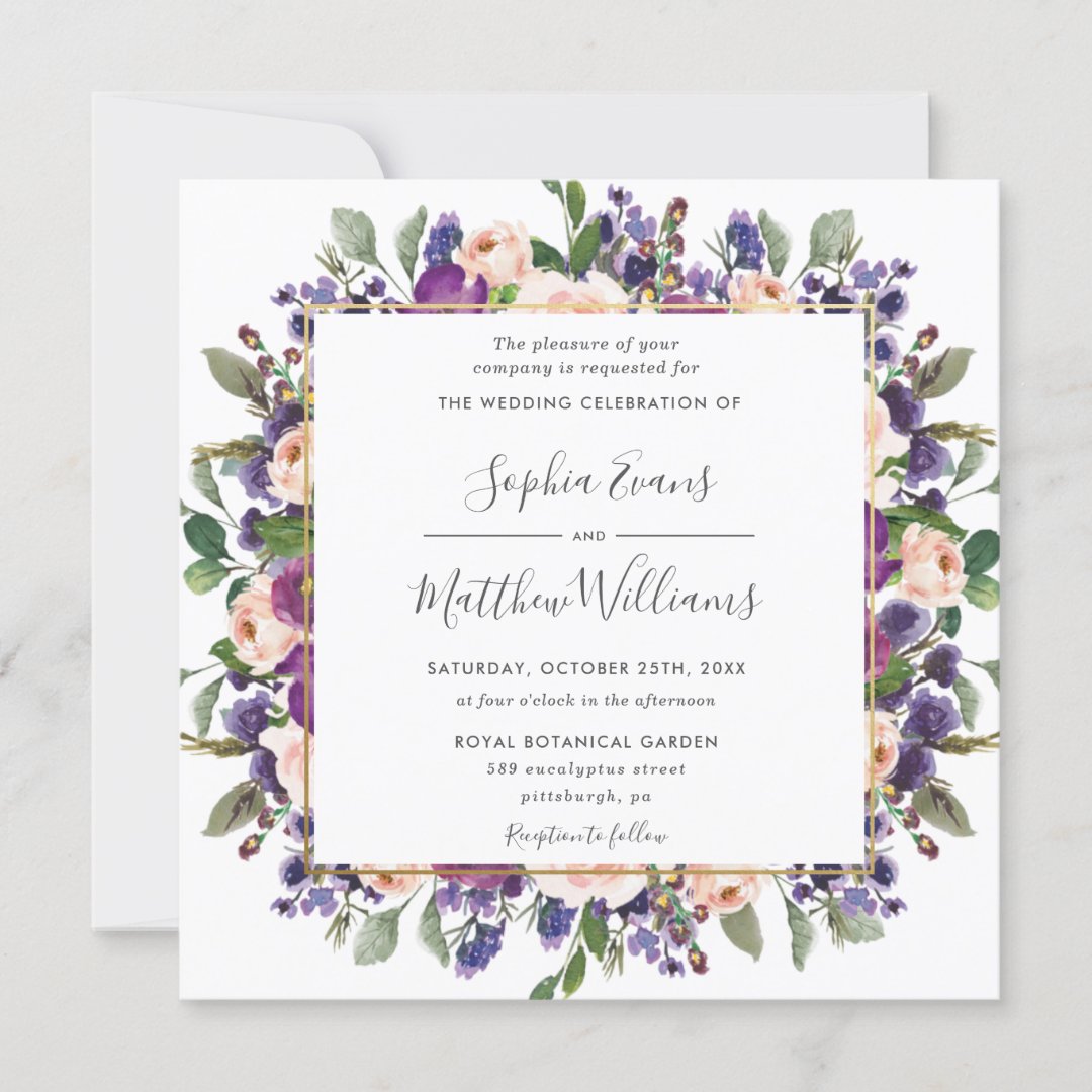 Chic Blush Plum Lilac Purple Floral Wedding Invitation | Zazzle