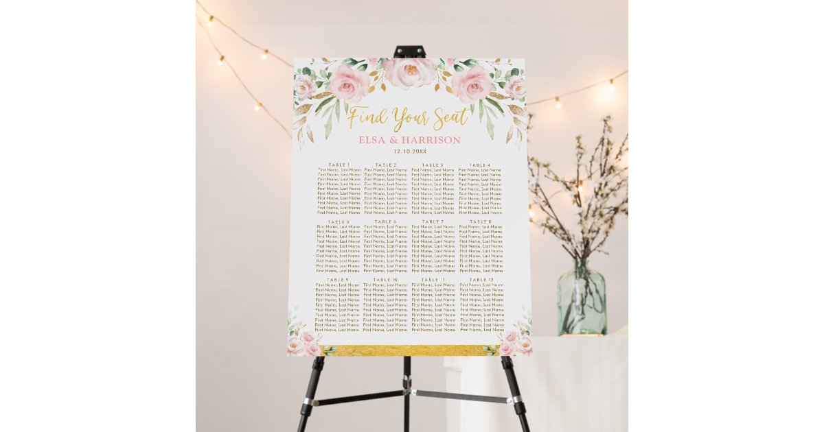 Chic Boho Blush Gold Floral Wedding Seating Chart Foam Board | Zazzle
