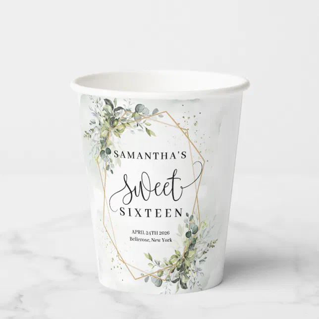 Chic boho eucalyptus greenery gold 16th birthday paper cups | Zazzle