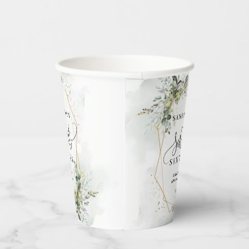 Chic boho eucalyptus greenery gold 16th birthday paper cups | Zazzle