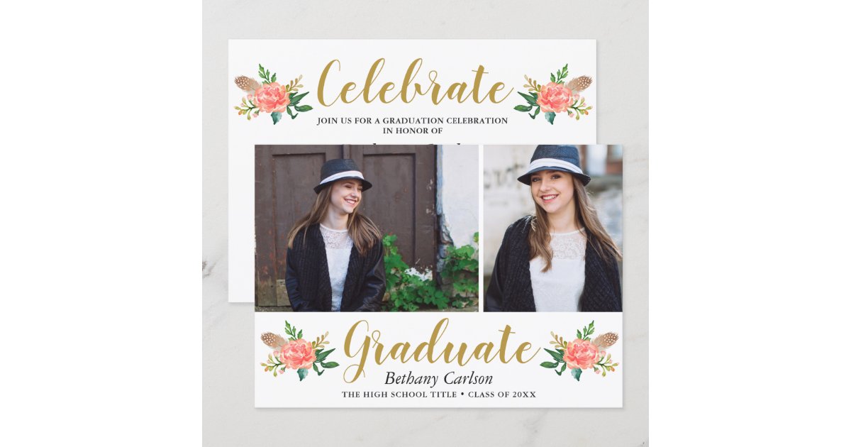 Chic Boho Feathers Floral 2 Photo Graduation Party Invitation | Zazzle