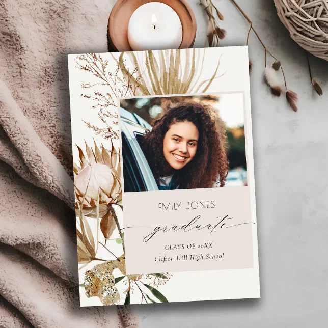 Chic Boho Protea Dry Palm Floral Photo Graduation Announcement | Zazzle