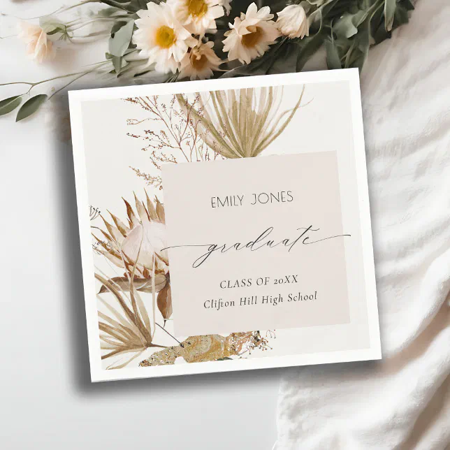 Chic Boho Protea Dry Palm Floral Photo Graduation Napkins | Zazzle