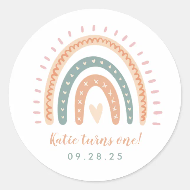 Chic Boho Rainbow Pastel First Birthday Classic Round Sticker | Zazzle