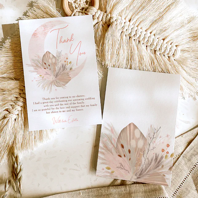 Chic boho rustic pampas floral moon bridal thank you card | Zazzle