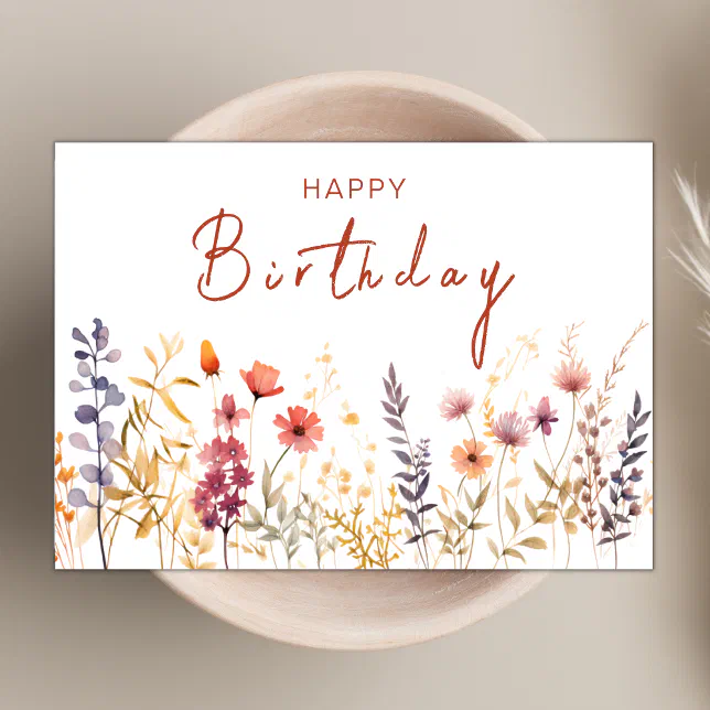 Chic Boho Wildflower Theme Happy Birthday Script Card | Zazzle