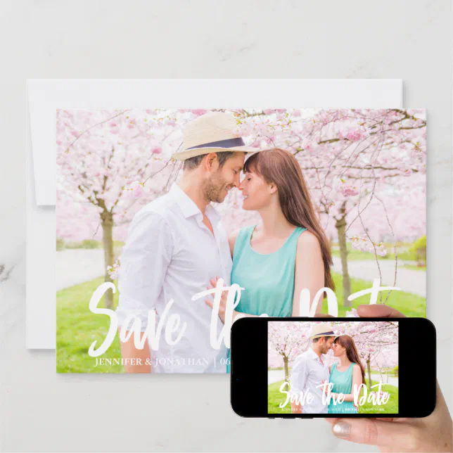Chic Bold White Script Modern Engagement Photo Save The Date | Zazzle