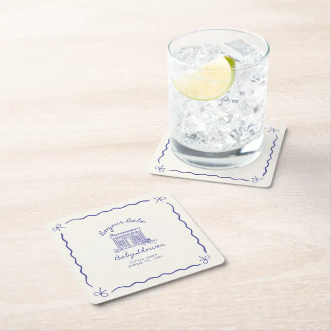 Chic Bonjour bebe baby shower Square Paper Coaster | Zazzle