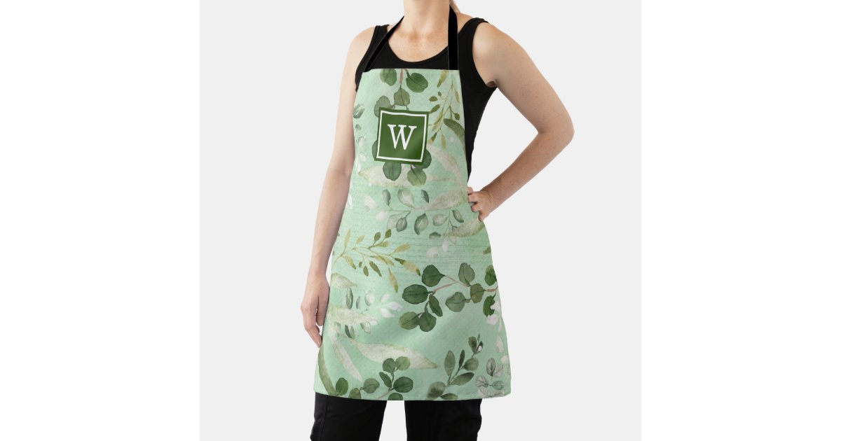 Chic Botanical Greenery Garden Leaves Monogram Apron | Zazzle