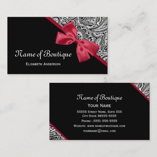Chic Boutique Black and White Paisley Red Ribbon Business Card | Zazzle