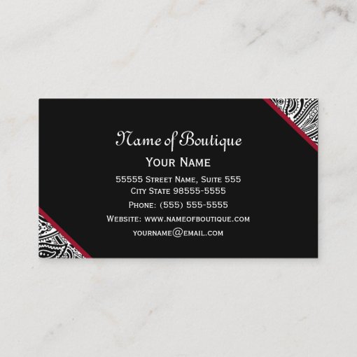 Chic Boutique Black and White Paisley Red Ribbon Business Card | Zazzle