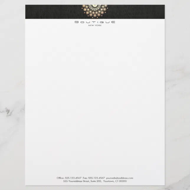 Chic Boutique Gold Circle Motif Faux Black Linen Letterhead | Zazzle
