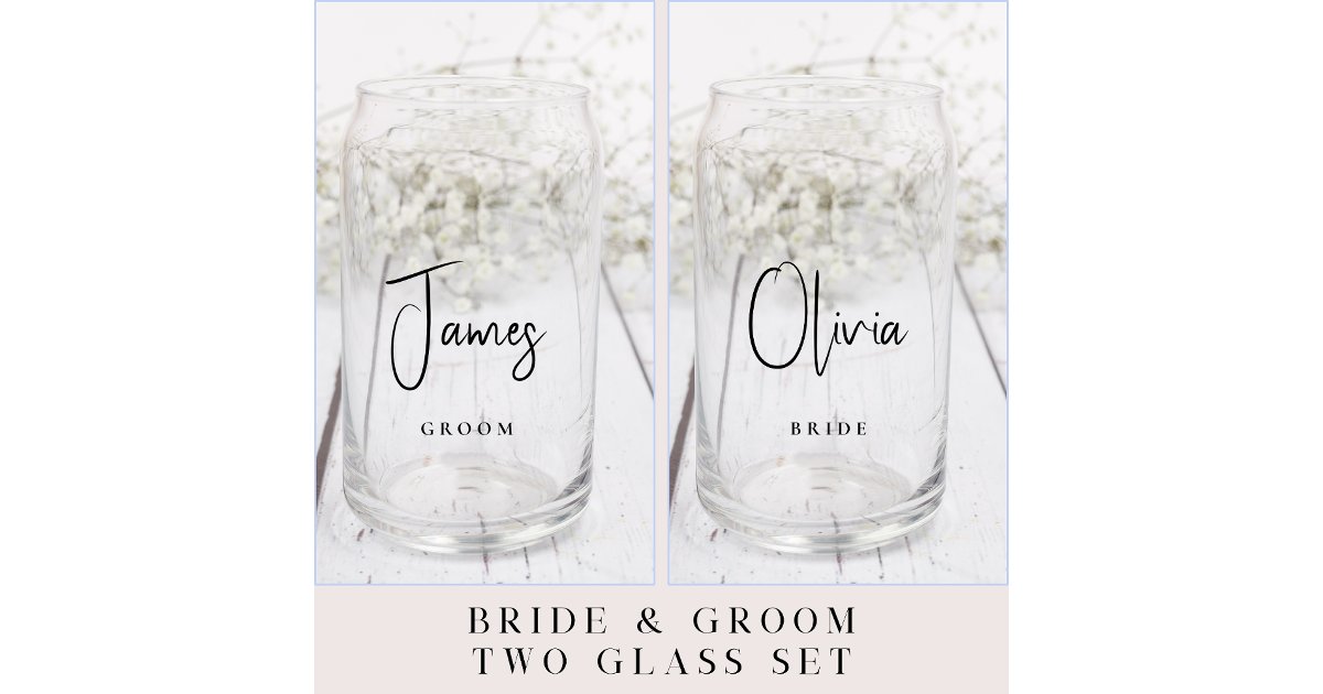 Chic Bride Groom Script Wedding Can Glass | Zazzle