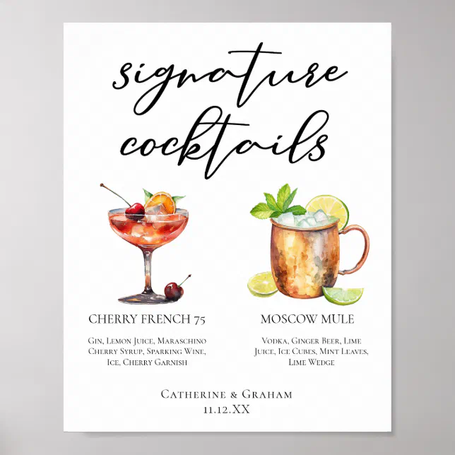 Chic Bride Groom Signature Cocktails Wedding Menu Poster | Zazzle