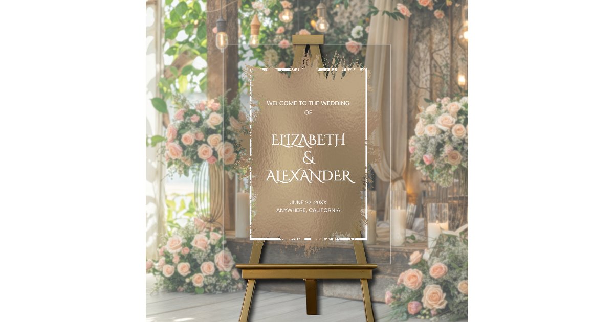 Chic Bronze Splash Wedding Welcome Acrylic Sign | Zazzle
