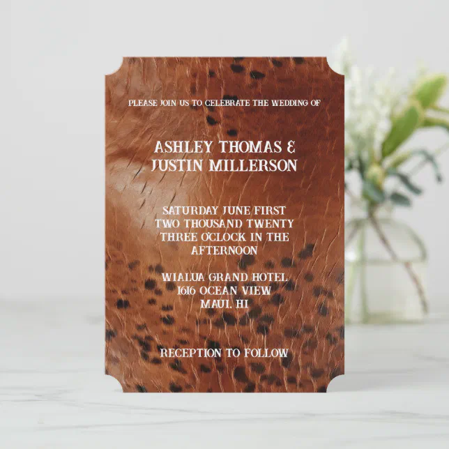 Chic Brown Faux Leather Wedding Invitation | Zazzle