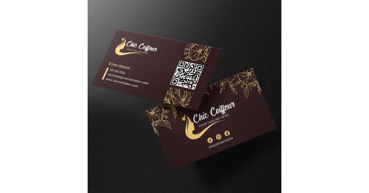 Chic Brown Gold Floral Hairstylist Beauty QR Code Business Card | Zazzle