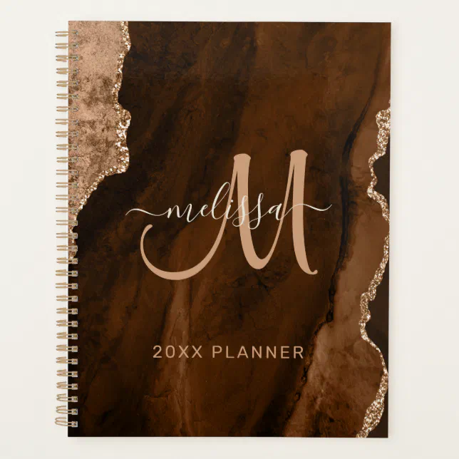 Chic Brown Gold Glitter Agate Custom Monogram 2024 Planner | Zazzle