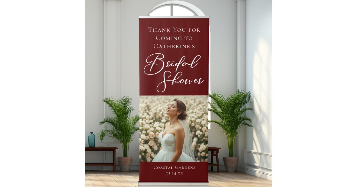 Chic Burgundy Bridal Shower Custom Photo Vertical Retractable Banner ...