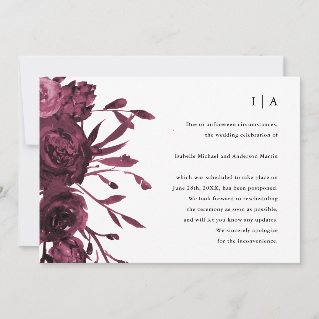 Chic Burgundy Floral Wedding Postponement Announcement | Zazzle