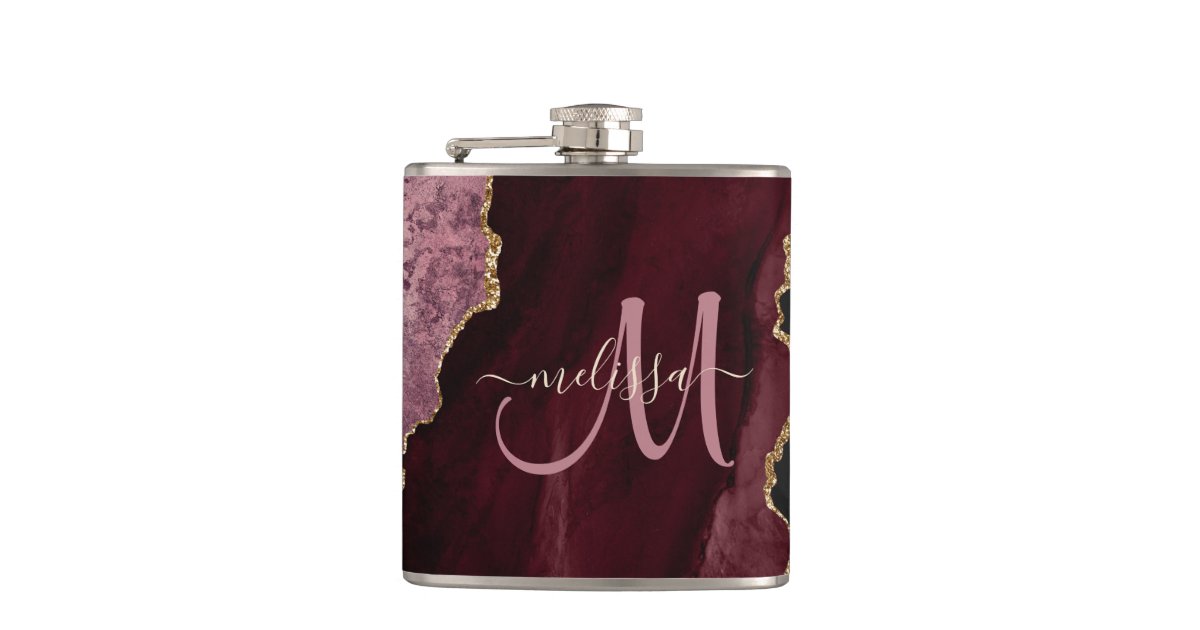 Chic Burgundy Gold Glitter Agate Custom Monogram Flask | Zazzle