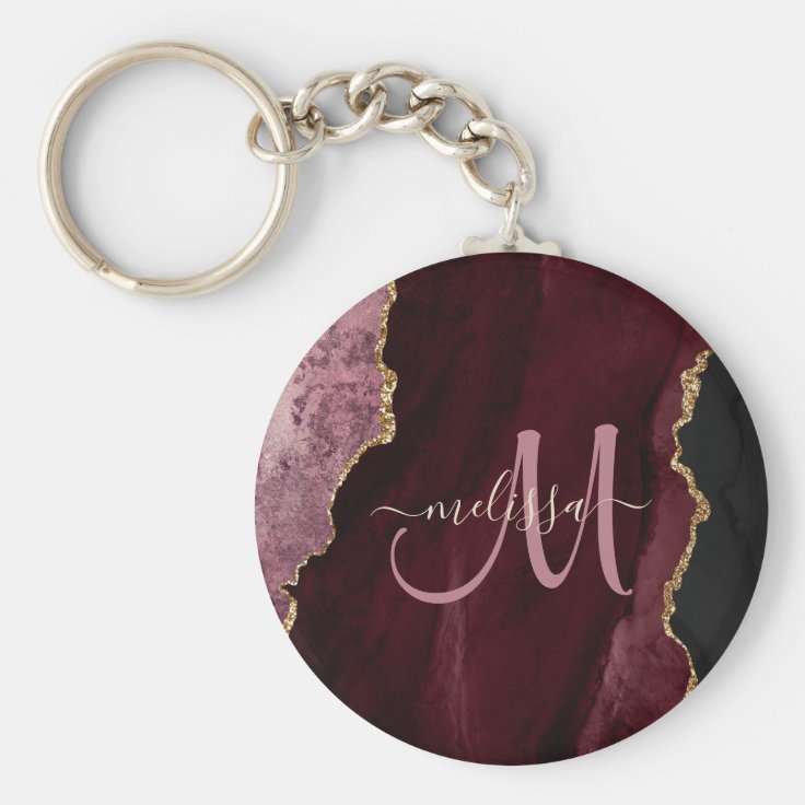 Chic Burgundy Gold Glitter Agate Custom Monogram Keychain | Zazzle