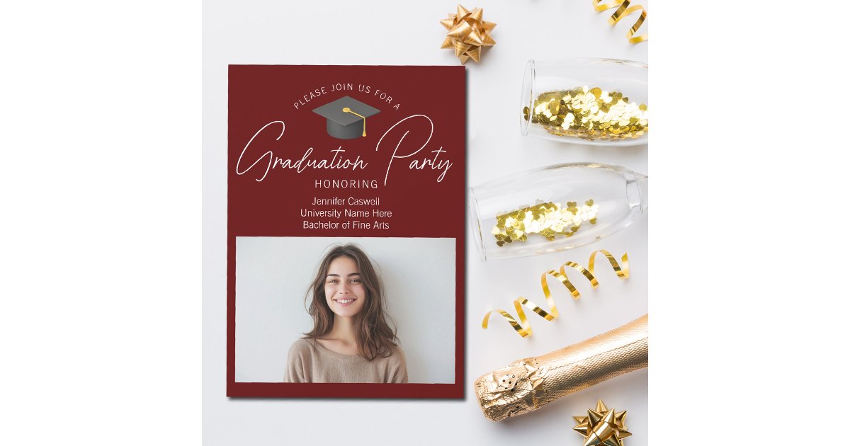 Chic Burgundy Graduate Photo Graduation Party Invitation | Zazzle