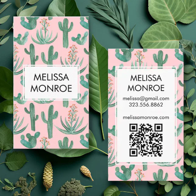 Chic Cacti & Succulents Desert Watercolor QR Code Business Card | Zazzle