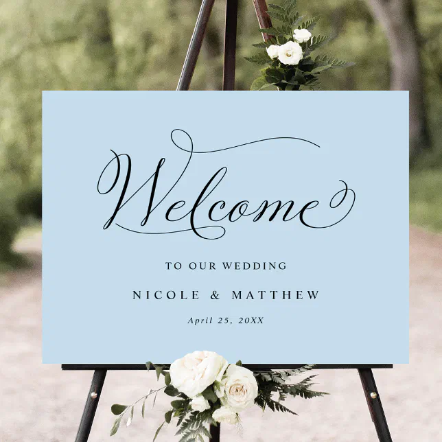 Chic Calligraphy Dusty Blue Wedding Welcome Sign | Zazzle
