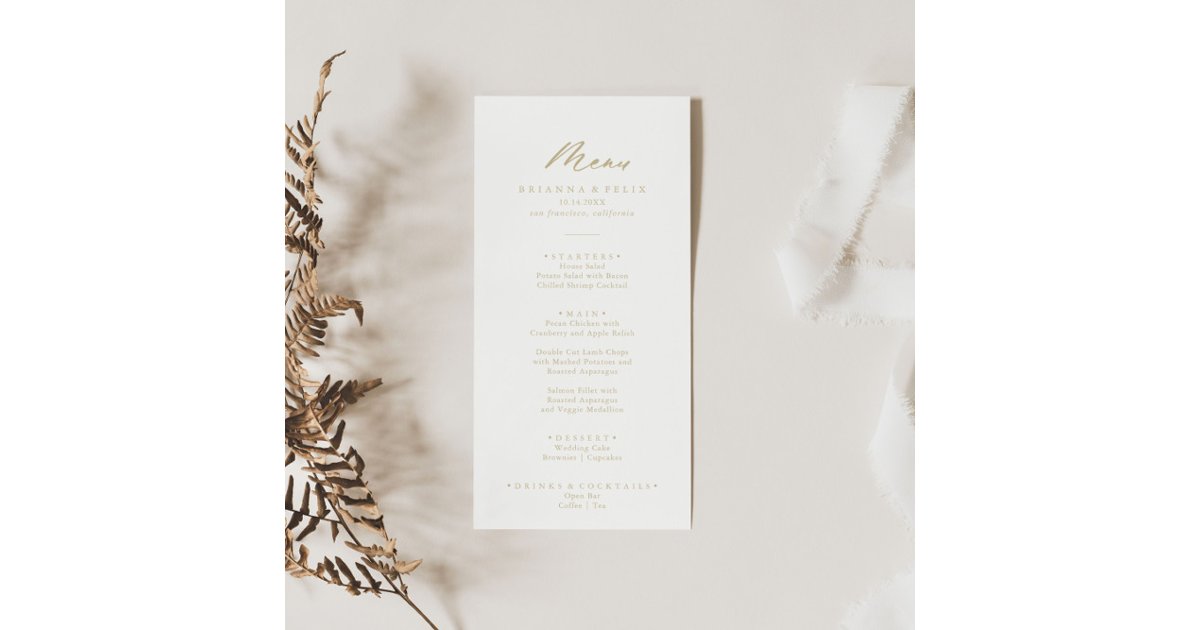 Chic Calligraphy Gold Dinner Menu | Zazzle