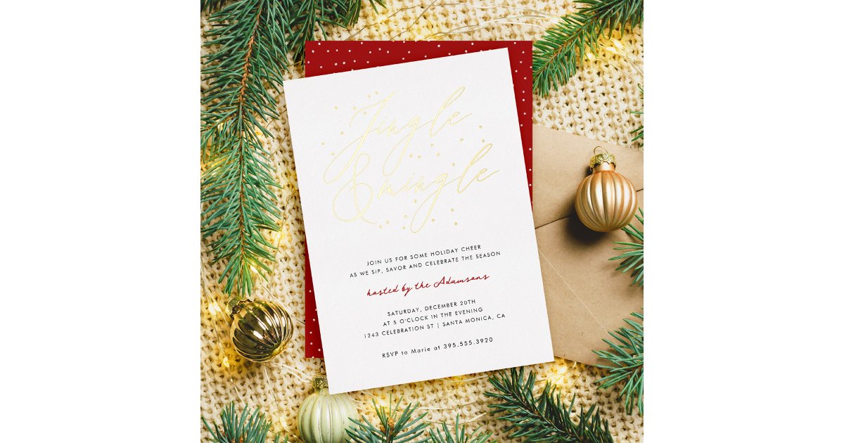 Chic Calligraphy Jingle & Mingle Christmas Party Foil Invitation | Zazzle