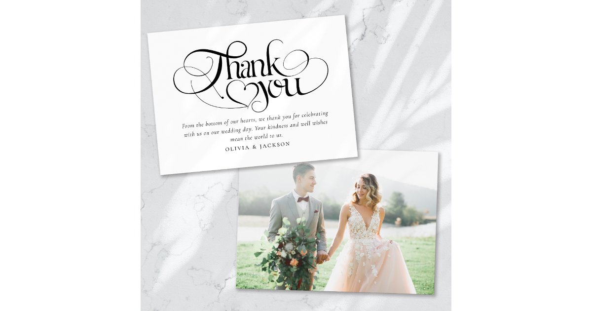 Chic Calligraphy Script Photo Wedding Thank You Card | Zazzle
