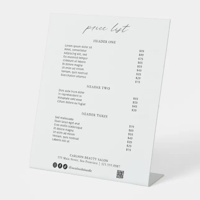 Chic Calligraphy Simple Elegant Price List Pedestal Sign | Zazzle