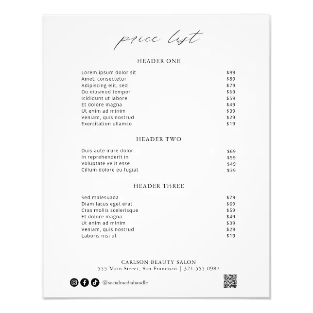 Chic Calligraphy Simple Elegant Price List Photo Print | Zazzle
