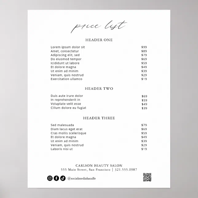 Chic Calligraphy Simple Elegant Price List Poster | Zazzle