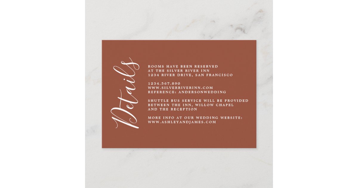 Chic Calligraphy TerraCotta Wedding Details Enclosure Card | Zazzle