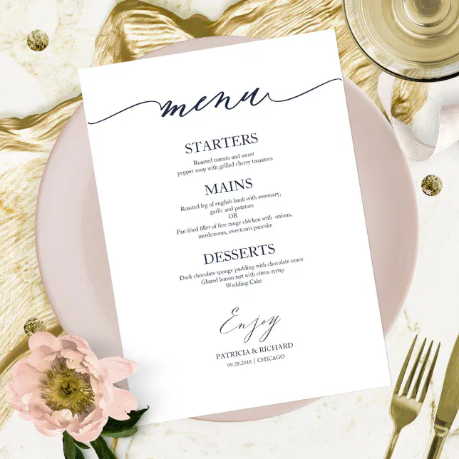 Chic Calligraphy Wedding Menu Card For Plate | Zazzle