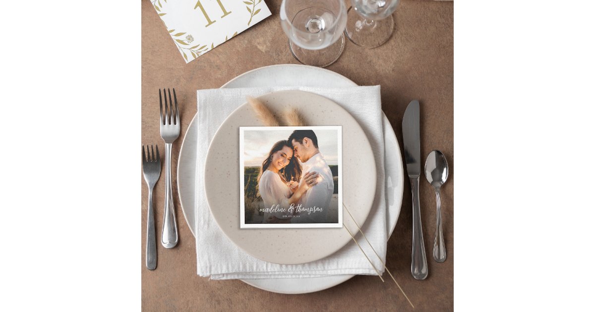 Chic Calligraphy White Overlay Text Photo Wedding Napkins | Zazzle
