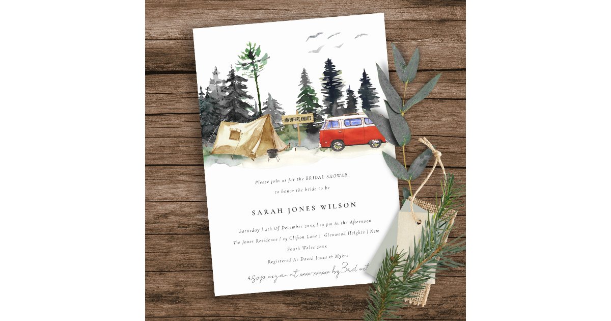 Chic Camping Watercolor Pine Forest Bridal Shower Invitation | Zazzle