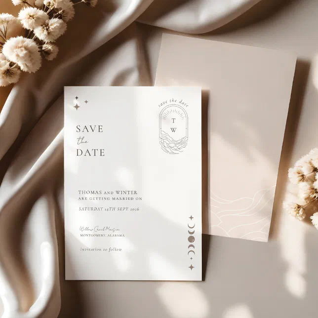 Chic Celestial Moon Stars Monogram Save The Date Invitation | Zazzle